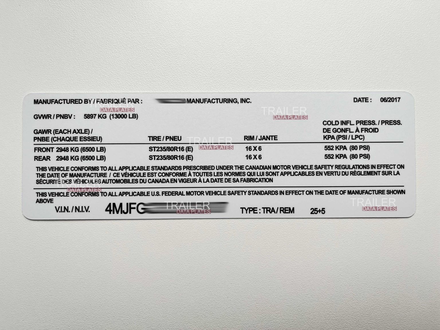 PJ Trailer Data Decal Sticker VIN ID Tag Tire and Loading Information ...