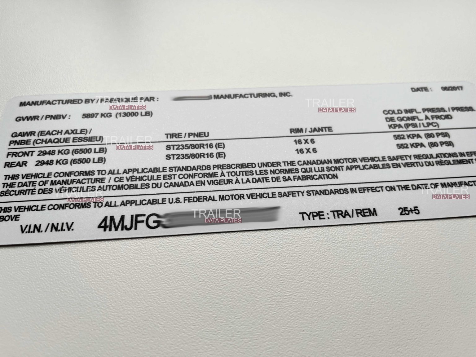 PJ Trailer Data Decal Sticker VIN ID Tag Tire and Loading Information ...