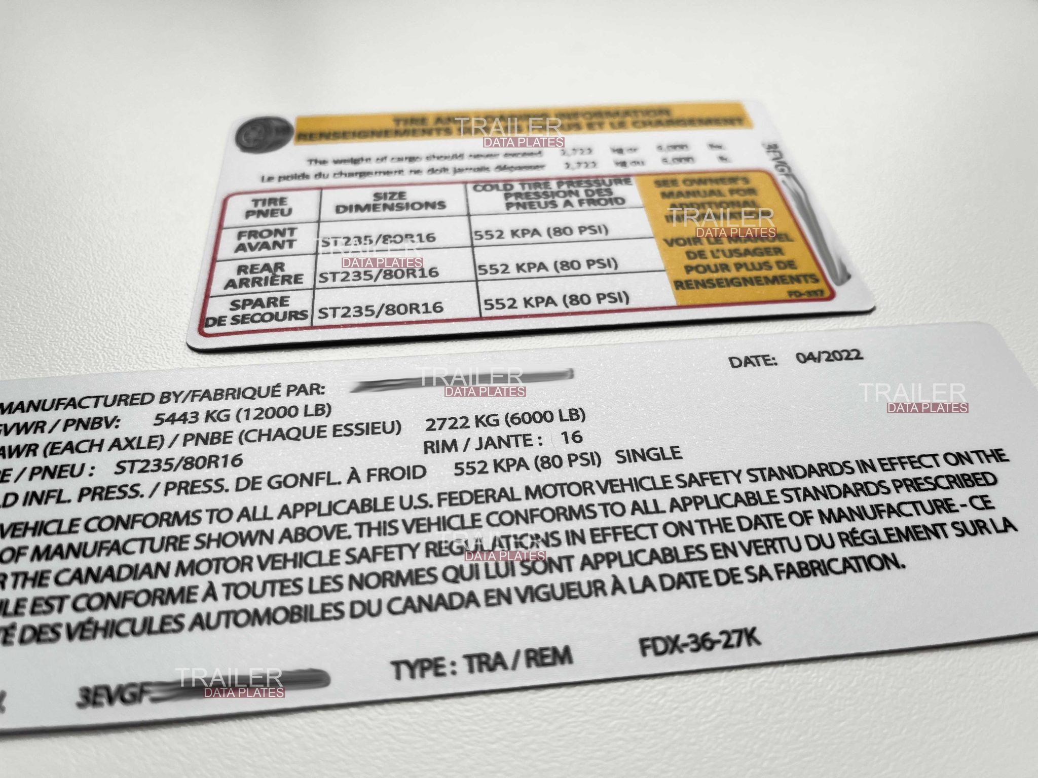 Cargo Trailer Data Decal Sticker VIN ID Tag Tire and Loading ...