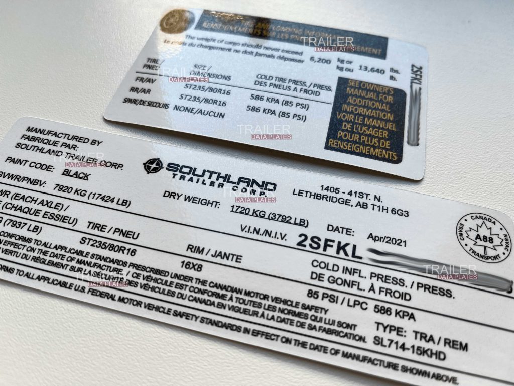 Southland Trailer Data Decal Sticker VIN ID Tag Tire and Loading ...