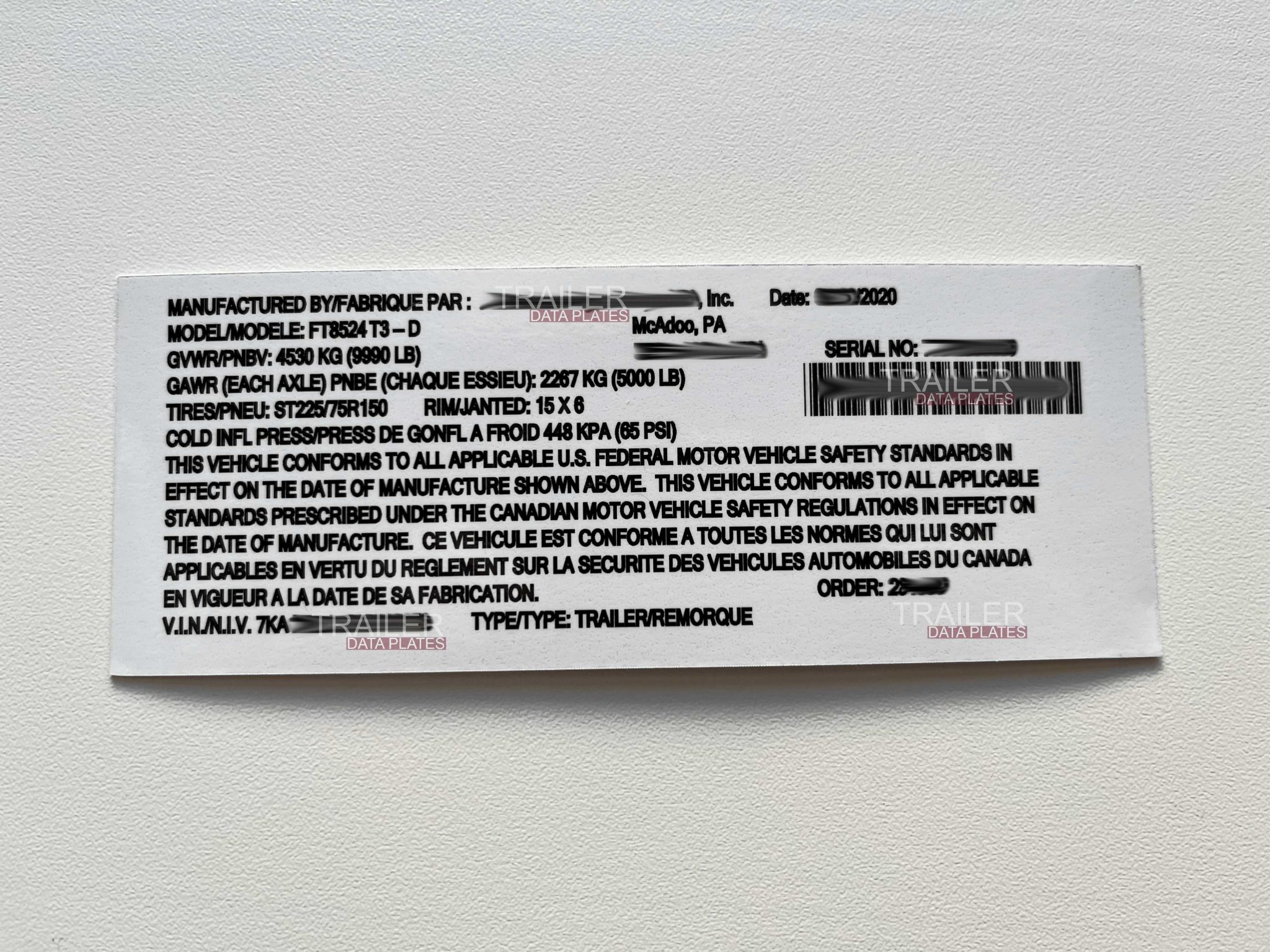 American Cargo Enclosed Trailer Data Decal Sticker VIN ID Tag Tire and ...