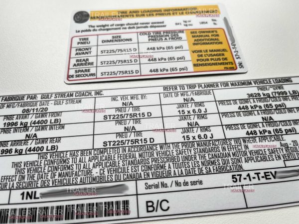 Gulf Stream Travel RV Trailer Data Decal Sticker VIN ID Tag Tire and ...