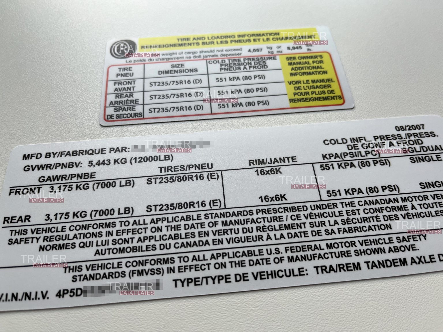 PJ Trailer Data Decal Sticker VIN ID Tag Tire and Loading Information ...