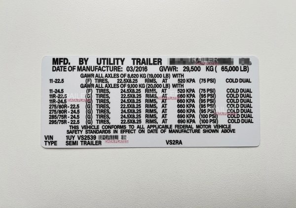 Utility Dry Van Trailer Data Decal Sticker VIN ID Tag Reproduction ...