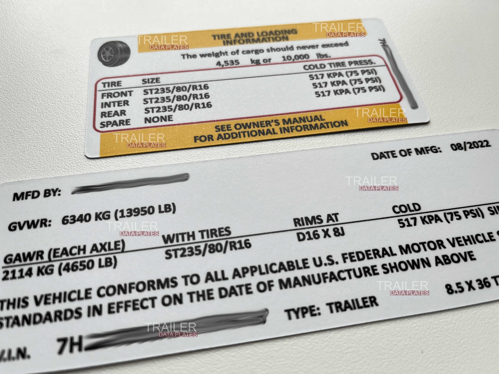 Cargo Trailer Data Decal Sticker VIN ID Tag Tire and Loading ...