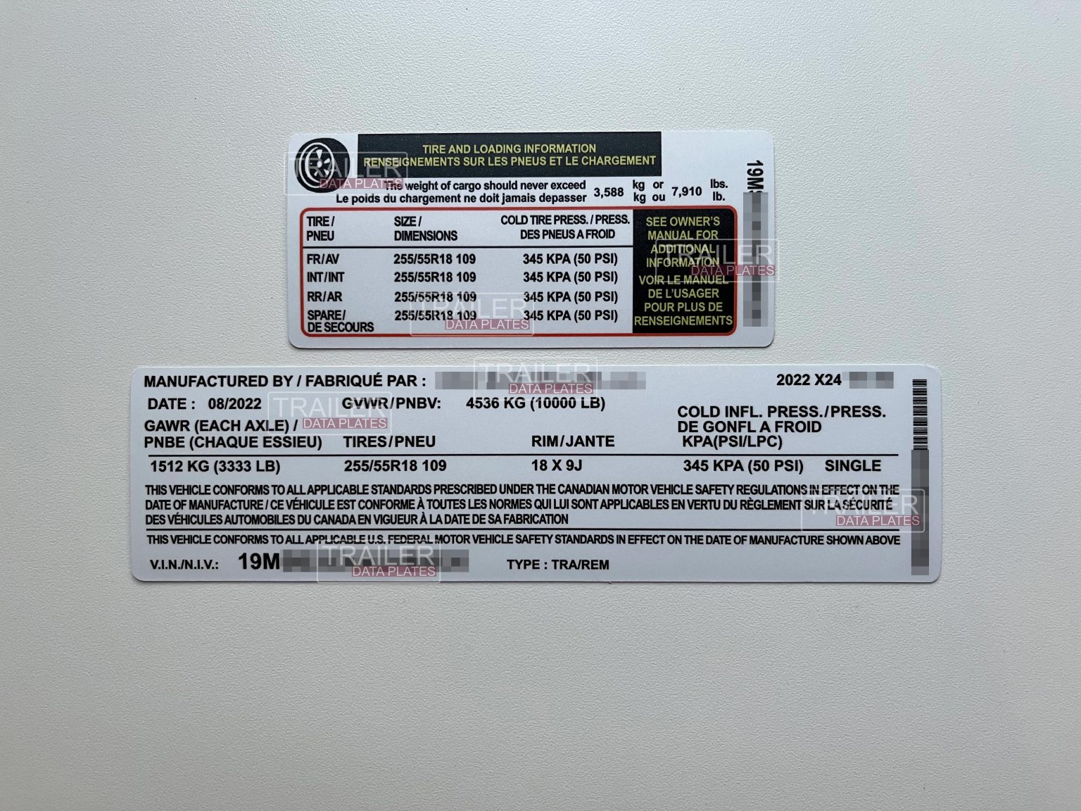 Boat Mate Trailers Data Decal Sticker VIN ID Tag Tire and Loading ...