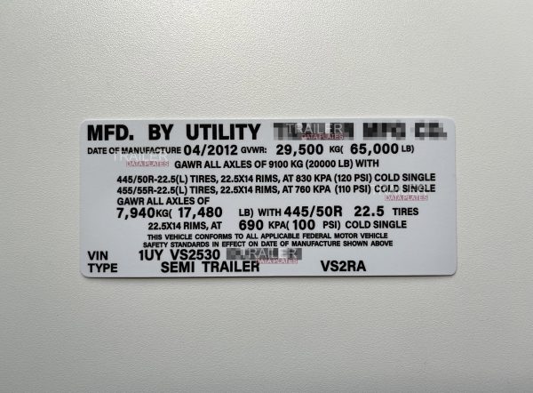 Utility Dry Van Trailer ALT Data Decal Sticker VIN ID Tag Reproduction ...