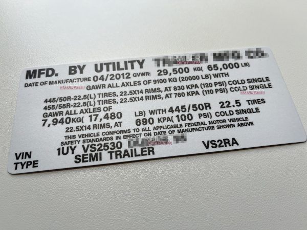 Utility Dry Van Trailer ALT Data Decal Sticker VIN ID Tag Reproduction ...