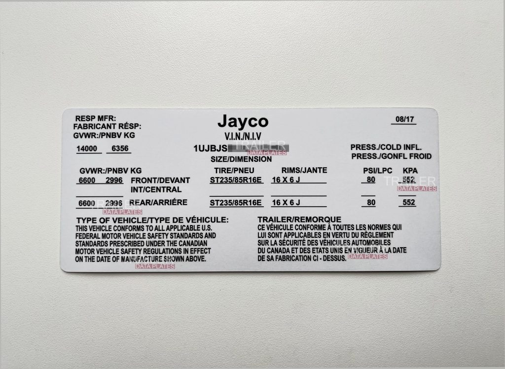 Jayco Trailer Data Decal Sticker VIN ID Tag Derated Downrated USA ...