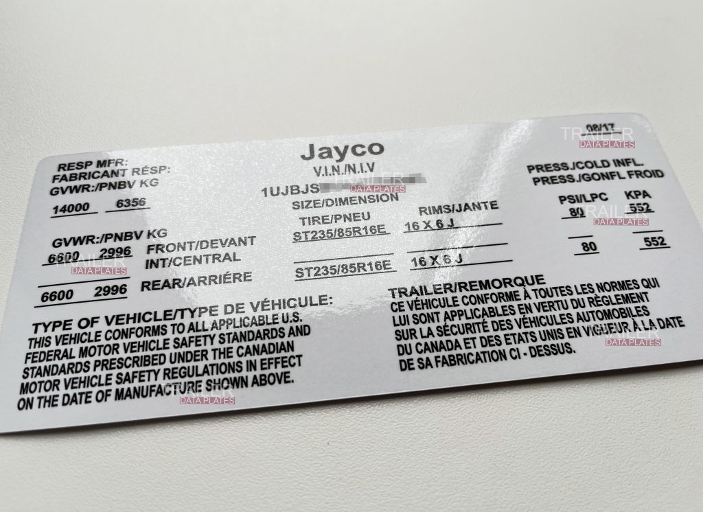 Jayco Trailer Data Decal Sticker VIN ID Tag Derated Downrated USA ...
