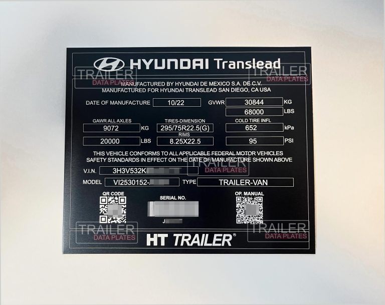 Hyundai Trailer Data Plate VIN ID Tag Anodized Aluminum USA CUSTOM ...